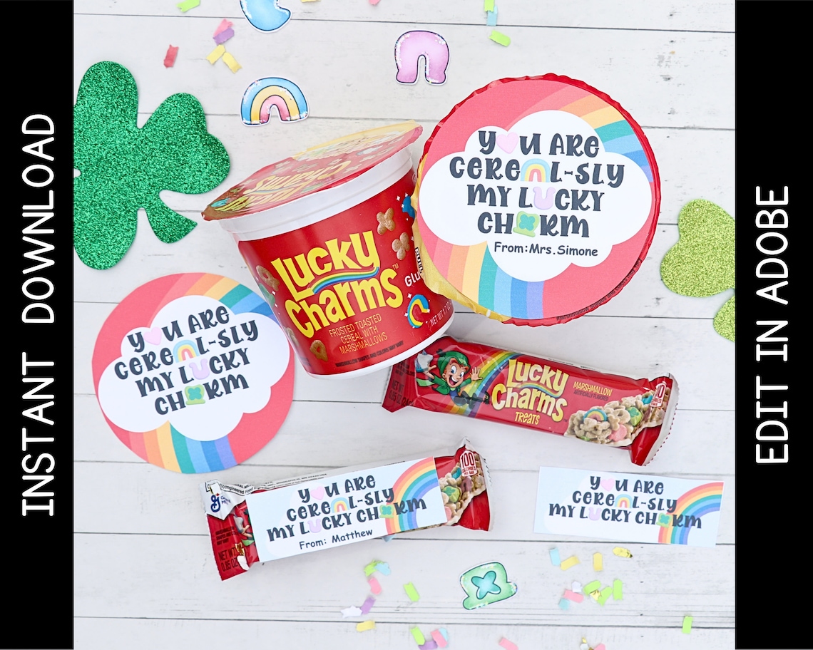 St. Patrick's Day Lucky Charms Gift Tags: Editable Cereal Treat Labels ...