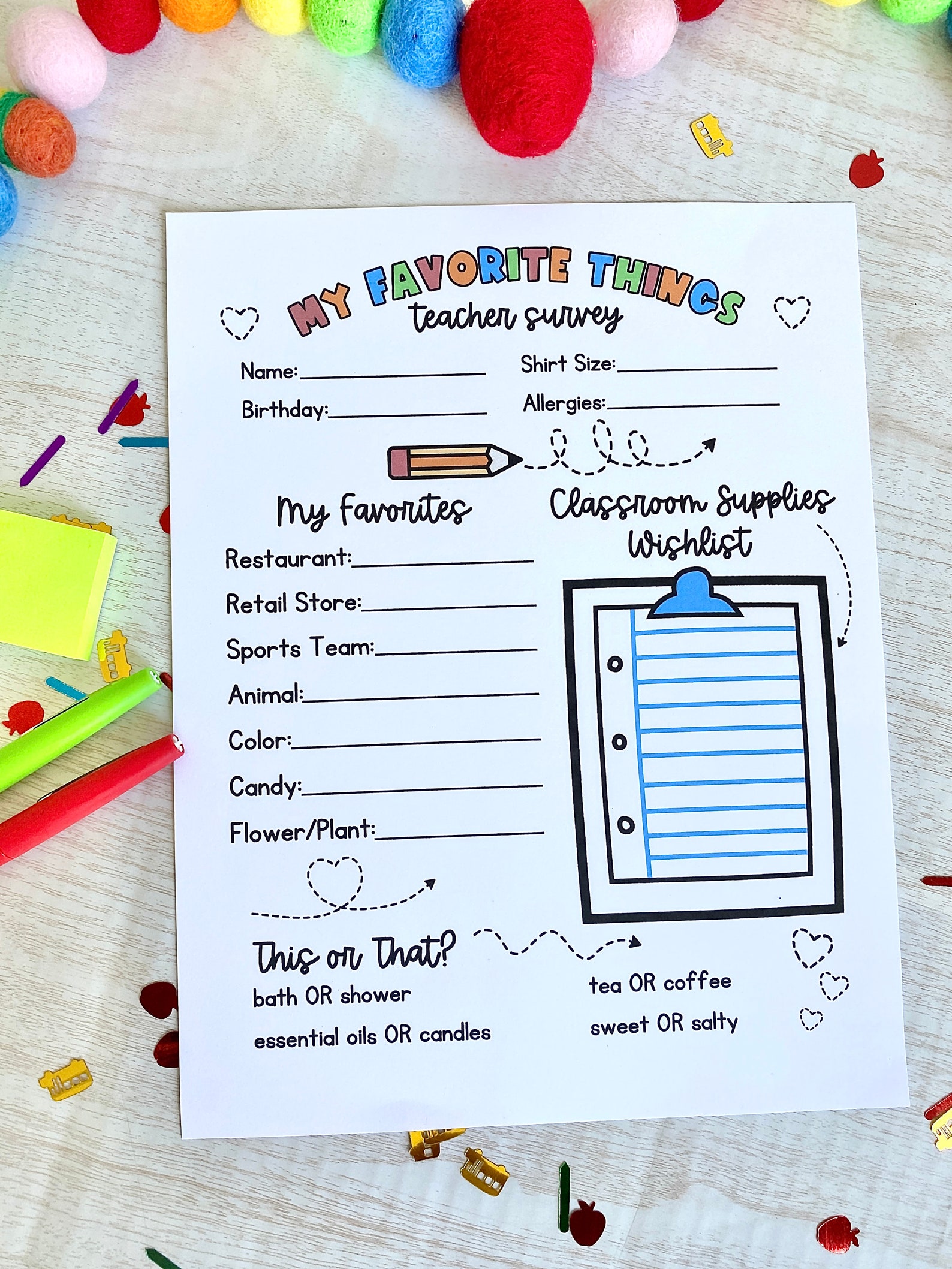 Teacher Favorite Things Survey Printable Teacher - Etsy