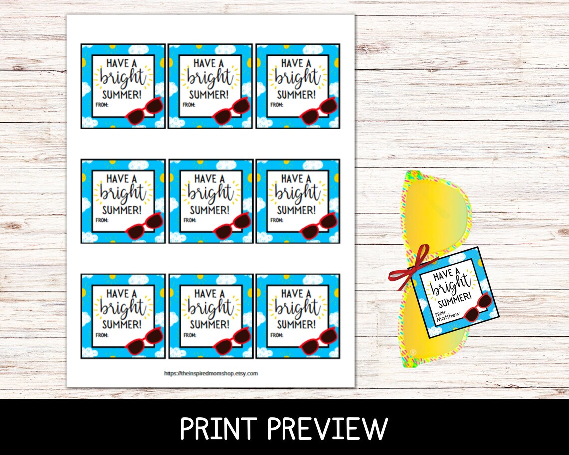 Sunglasses Gift Tag: End of School Year, Bright Summer (instant ...