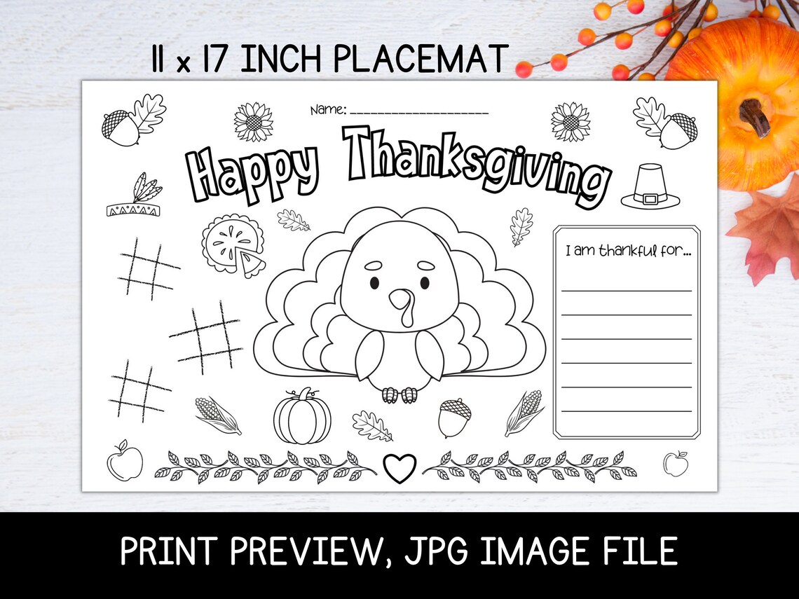Printable Thanksgiving Kids Coloring Placemat Kids Table - Etsy