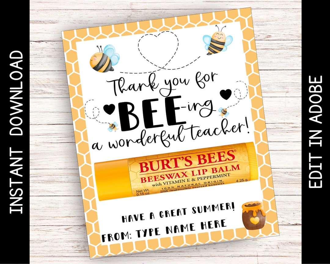Printable Bee Teacher Gift Card, End of Year, Lip Balm Tag (instant ...