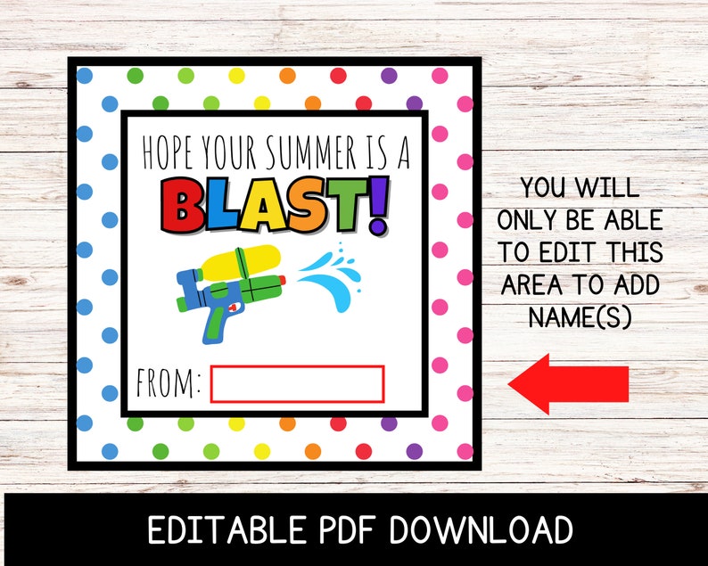 End of School Year Water Gun Gift Tag, Summer Blast, PDF (instant ...
