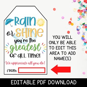 Printable Teacher Appreciation Umbrella Gift Tag, Rain Shine Greatest ...