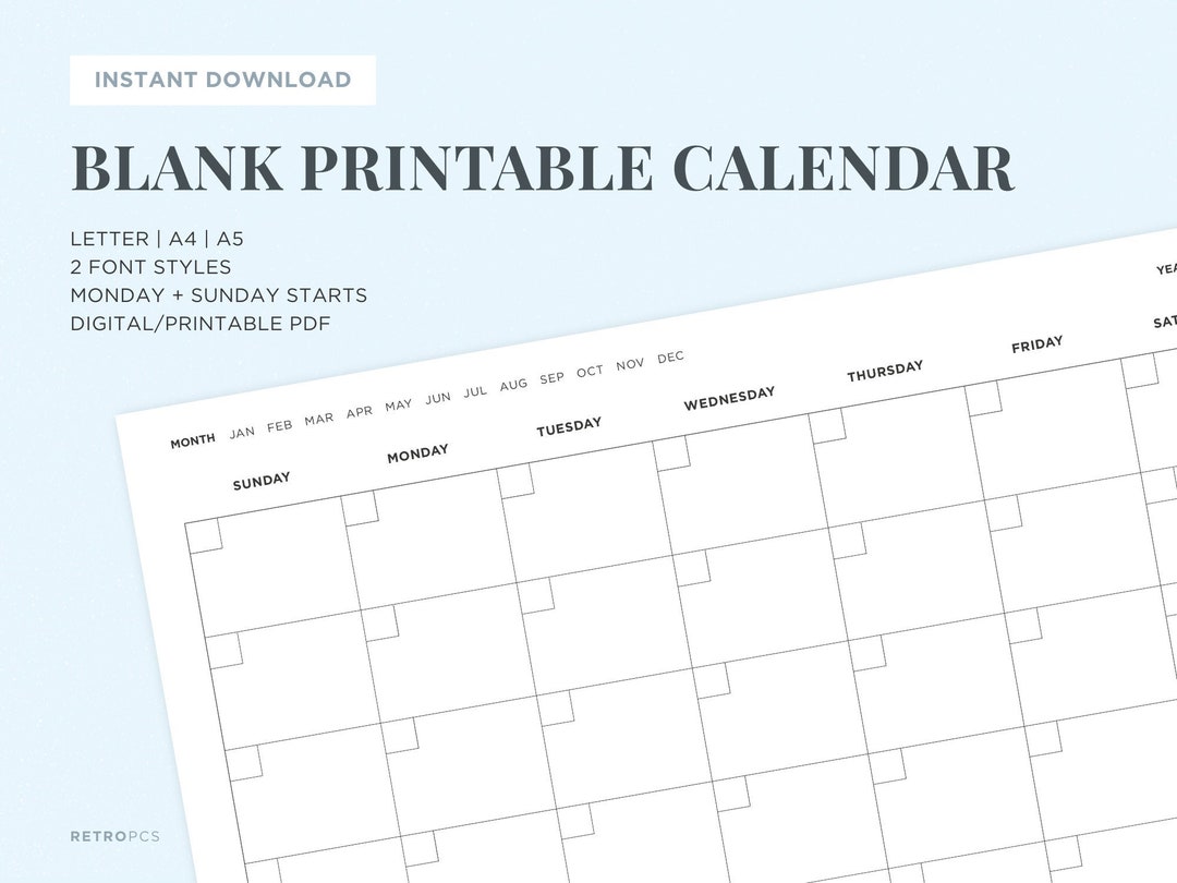 Blank Printable Calendar Fillable, Digital, Monthly Planner, Worksheet ...
