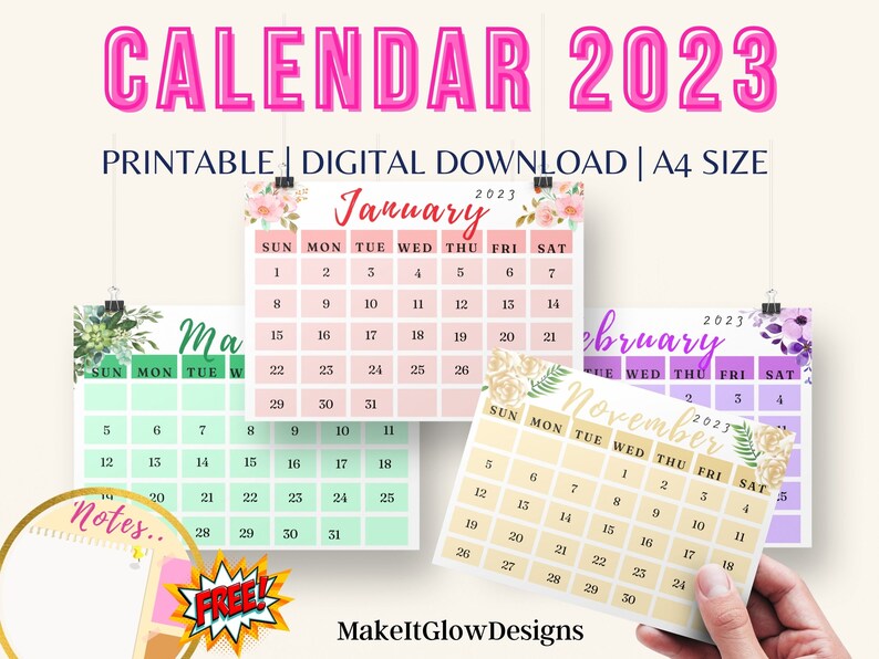 2023 Flower Printable Monthly Calendar A4 Size Minimalist Floral Theme ...