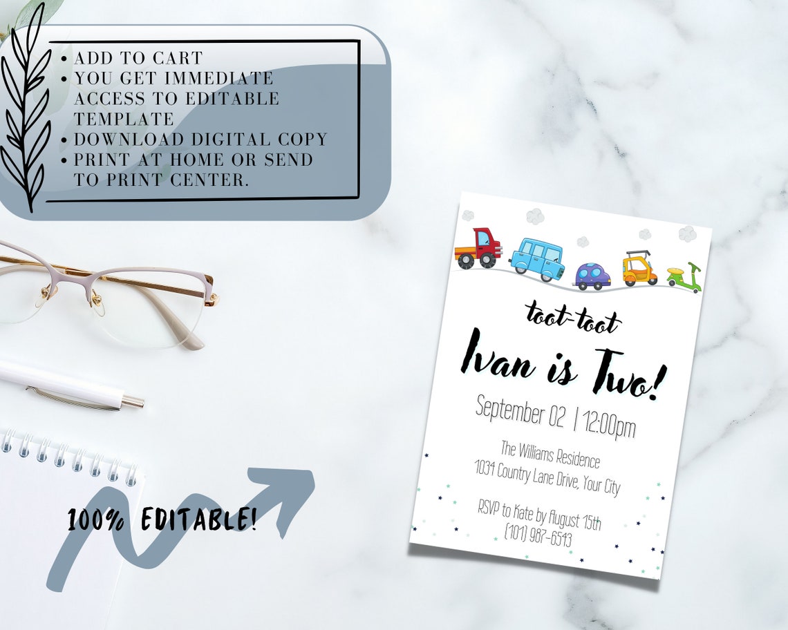 EDITABLE Toot Toot Car Birthday Invitation. Toot Toot - Etsy