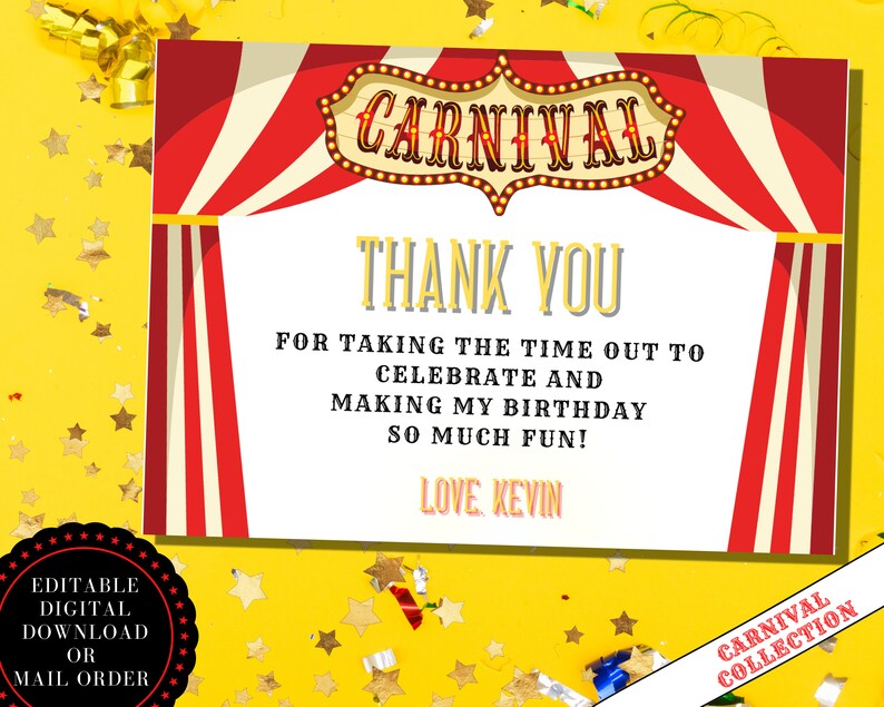 EDITABLE Carnival THANK YOU Card. Carnival Birthday - Etsy