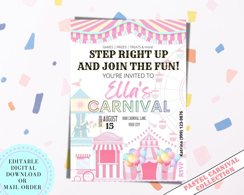 EDITABLE Pastel Carnival. Carnival Birthday Invitation. - Etsy