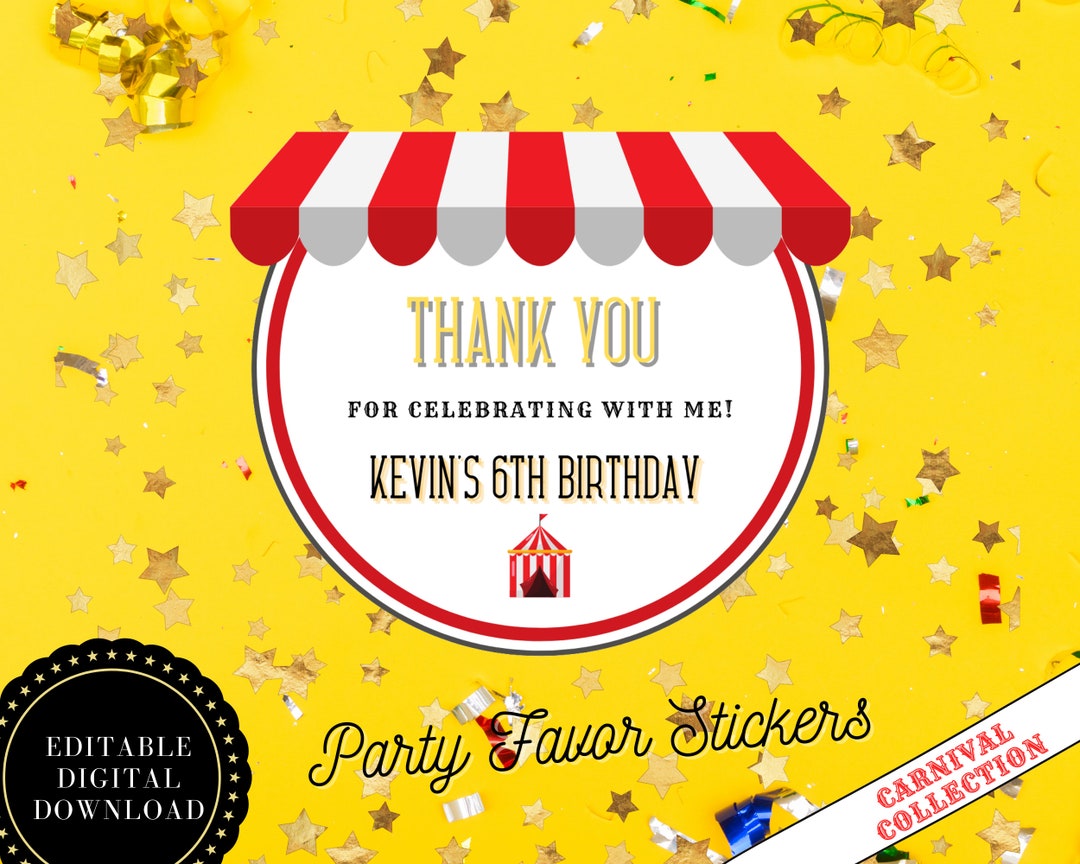 EDITABLE Carnival THANK YOU Stickers, Round, Birthday, Gift Tags, Party ...