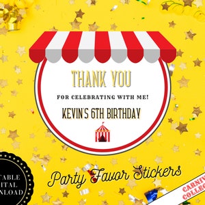 EDITABLE Carnival THANK YOU Stickers, Round, Birthday, Gift Tags, Party ...