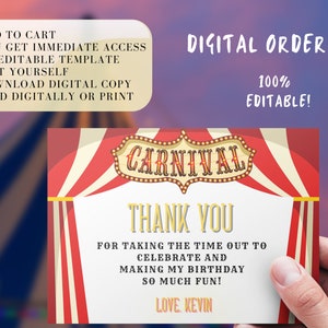 EDITABLE Carnival THANK YOU Card. Carnival Birthday Invitation ...
