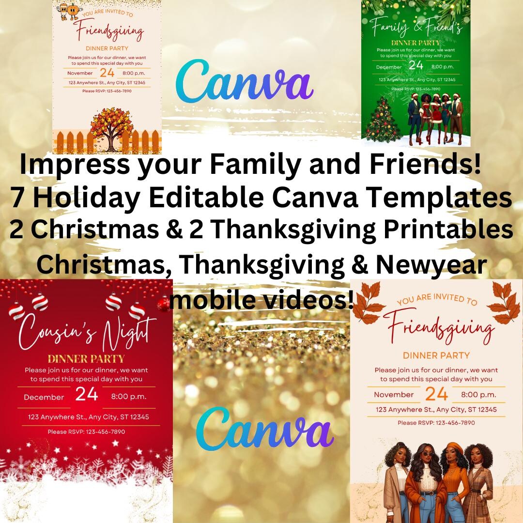 8 Editable Holiday Invitations Including Christmas, Thanksgiving, New ...