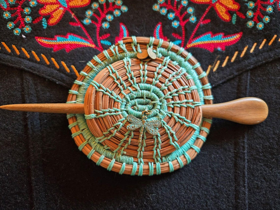 Pine Needle Hair Slide Barrett With Sandal Wood Stick Turquoise Waxed ...