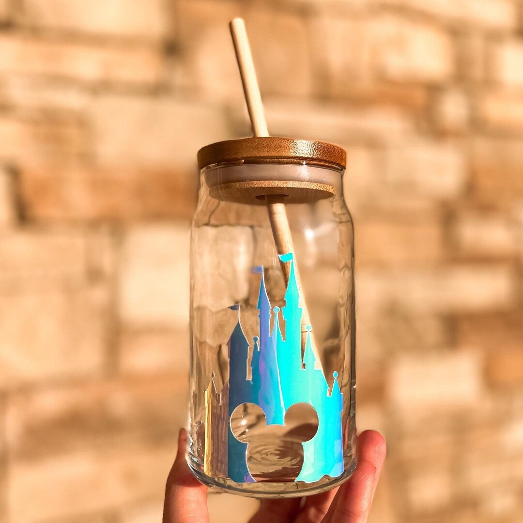 Holographic Disney Castle Beer Glass With Bamboo Lid & Straw - Etsy