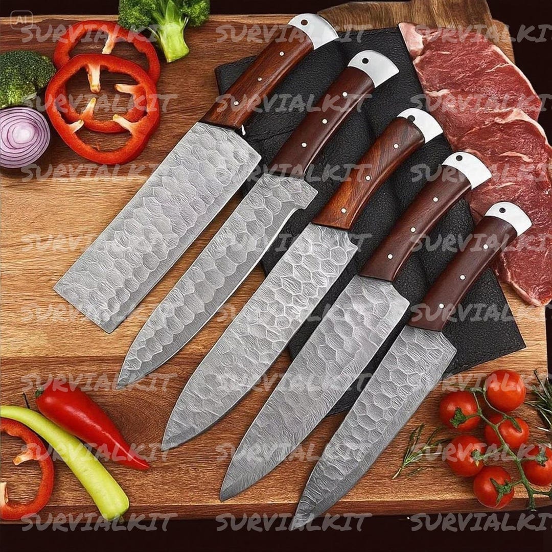 Damascus Chef Knife Set – Hand-forged Kitchen Knives Rosewood Handles ...