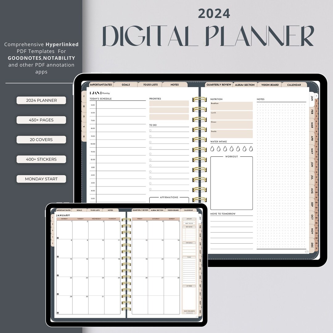 2024 MONDAY Start Digital Planner Hyperlinked Daily, Weekly, Monthly ...