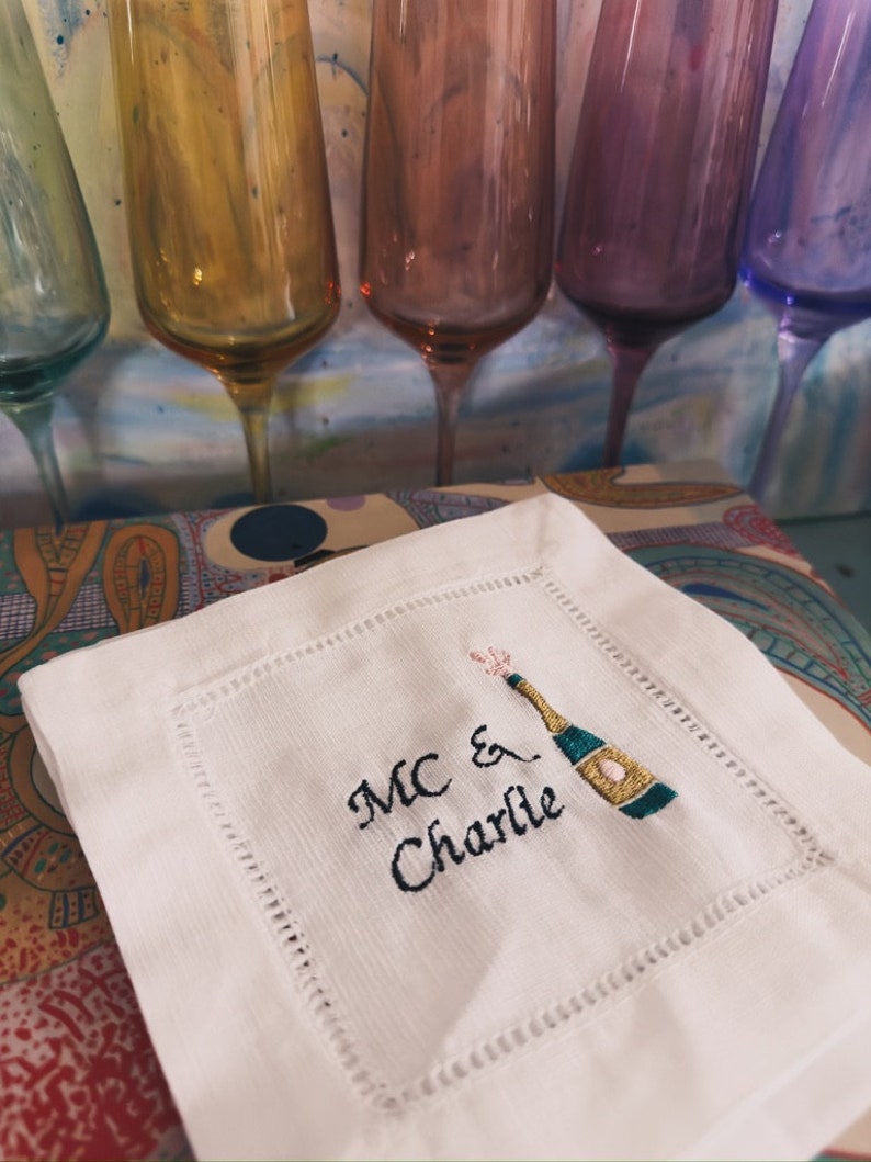Custom Embroidered Cocktail Napkins With Champagne Bottle & Name - Etsy