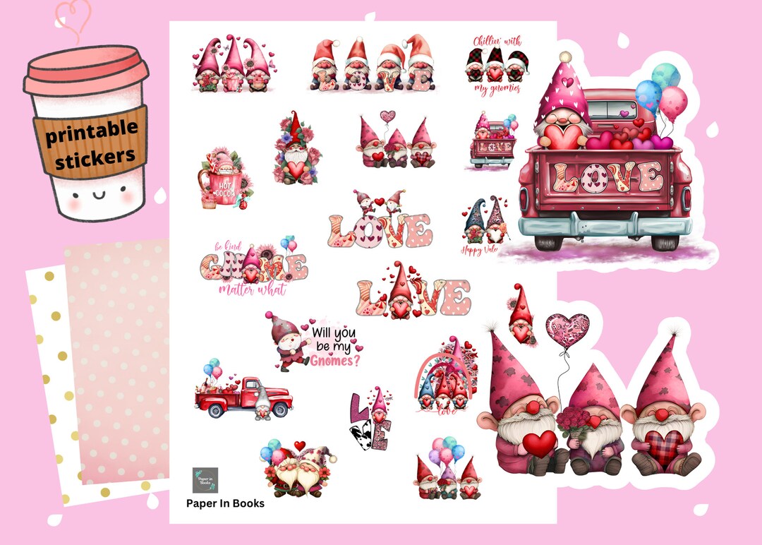 Valentines Day Gnome Stickers, Printable Planner Stickers (digital ...