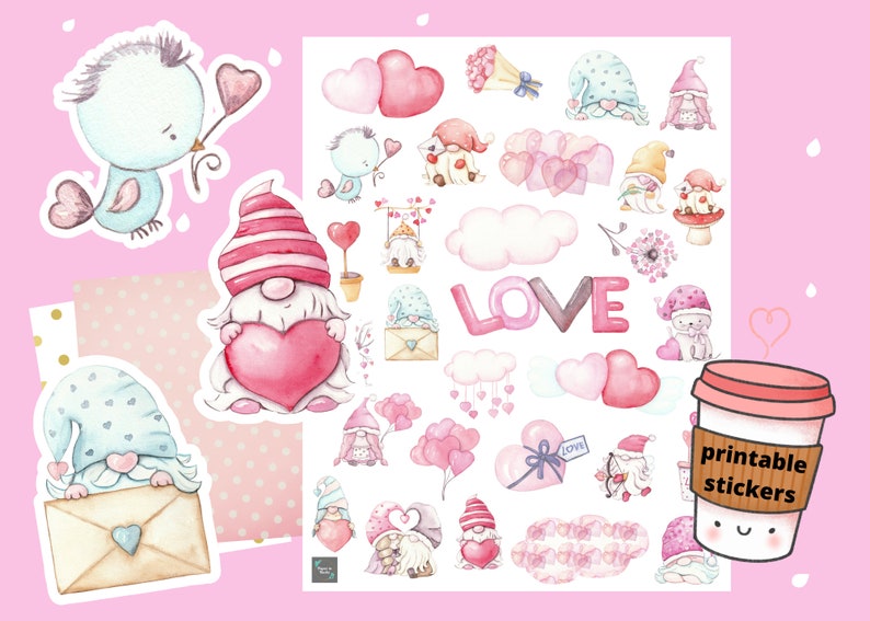 Printable Valentines Day Gnome Stickers, Printable Valentines Day ...