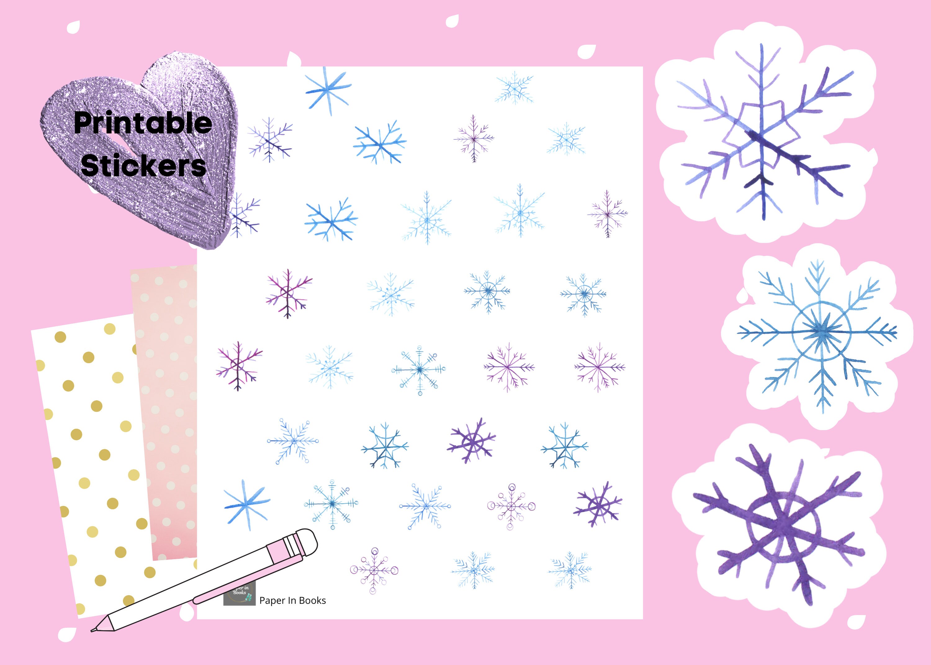 Periwinkle Snowflake Printable Stickers, Purple and Blue Snowflake ...