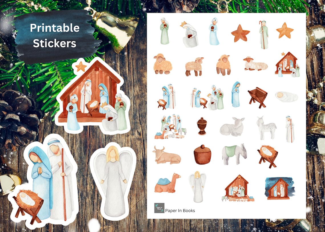 Printable Nativity Scene Stickers, Digital Nativity Stickers, Christmas ...
