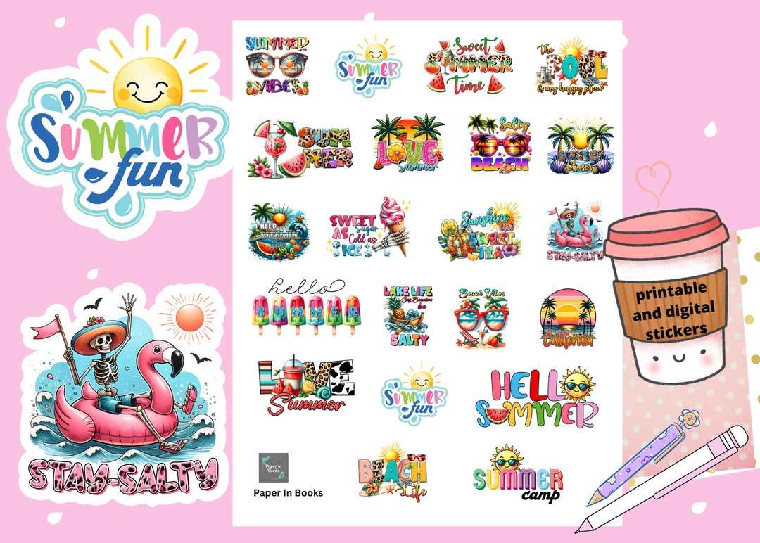 Printable and Digital Summer Stickers, Summer PNG Stickers, Beach ...