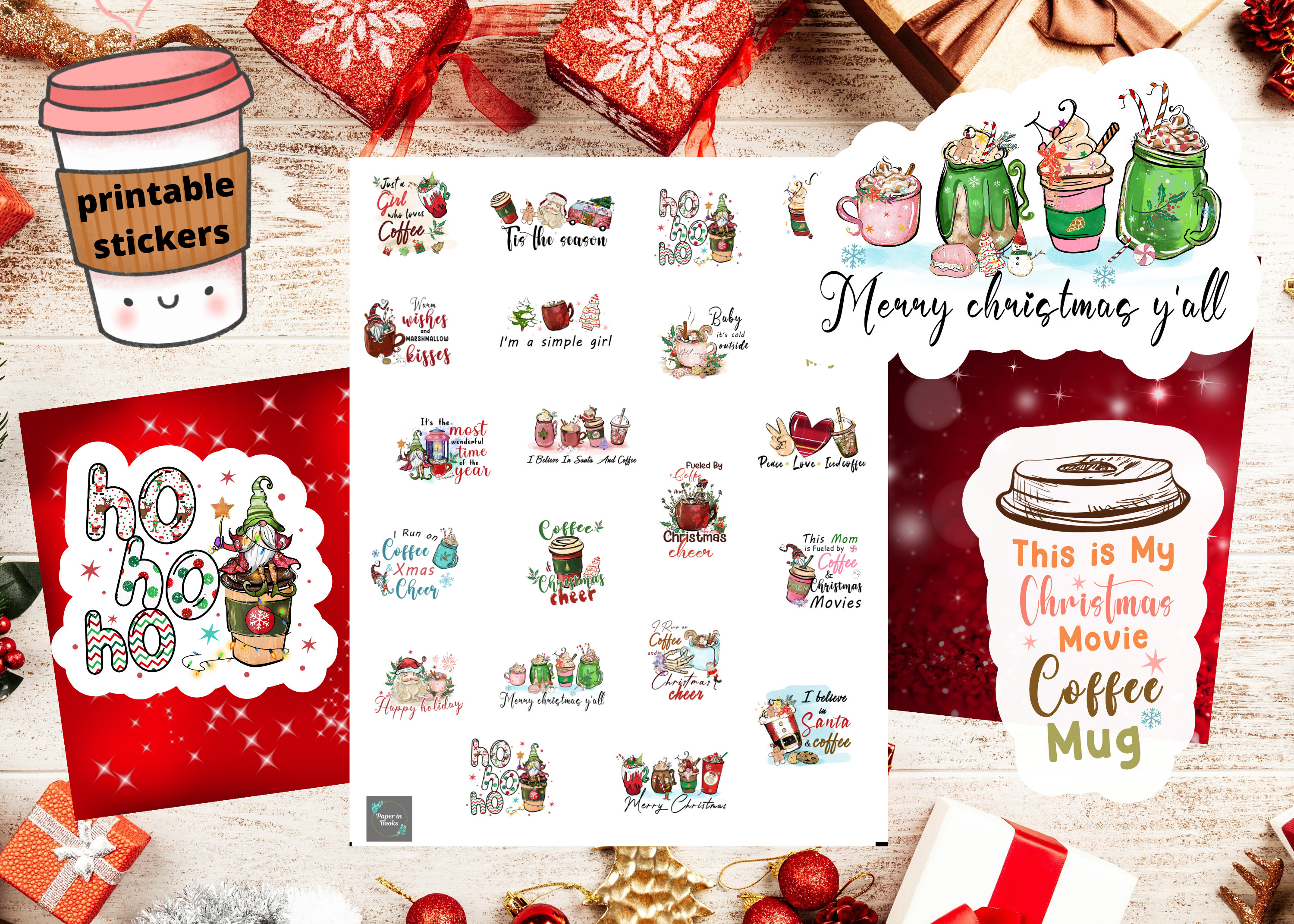 Printable Christmas Stickers, Digital Christmas Stickers, Christmas PNG ...