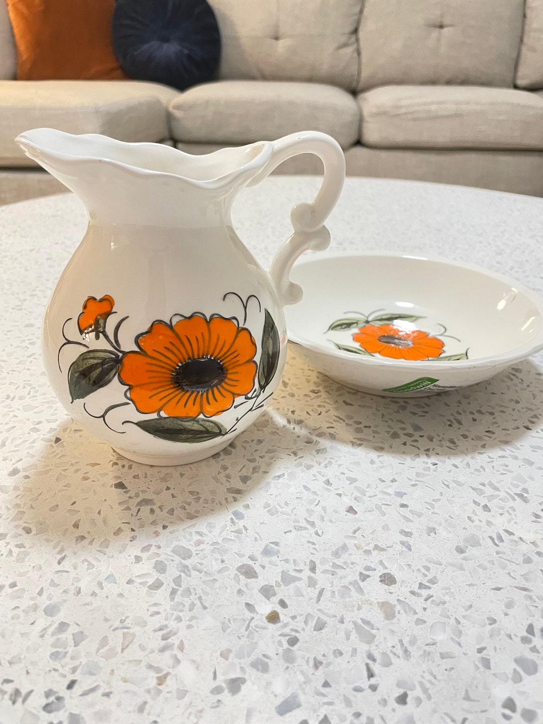 Vintage Pitcher Made in Japan, Hand-painted Orange and Green Flowers ...