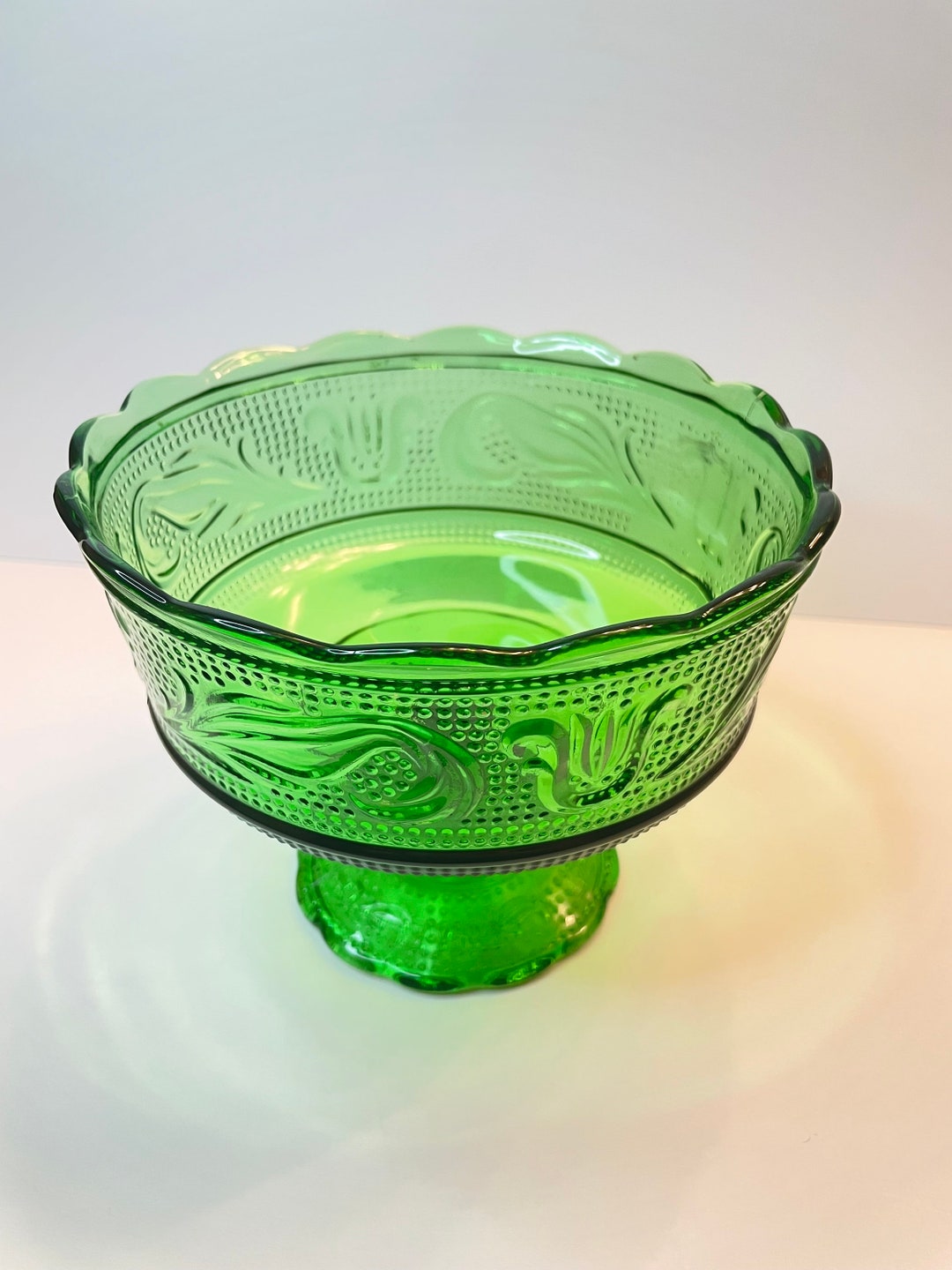 Vintage Green Glass Footed Compote 1960s MCM Signed Green Glass Bowl ...