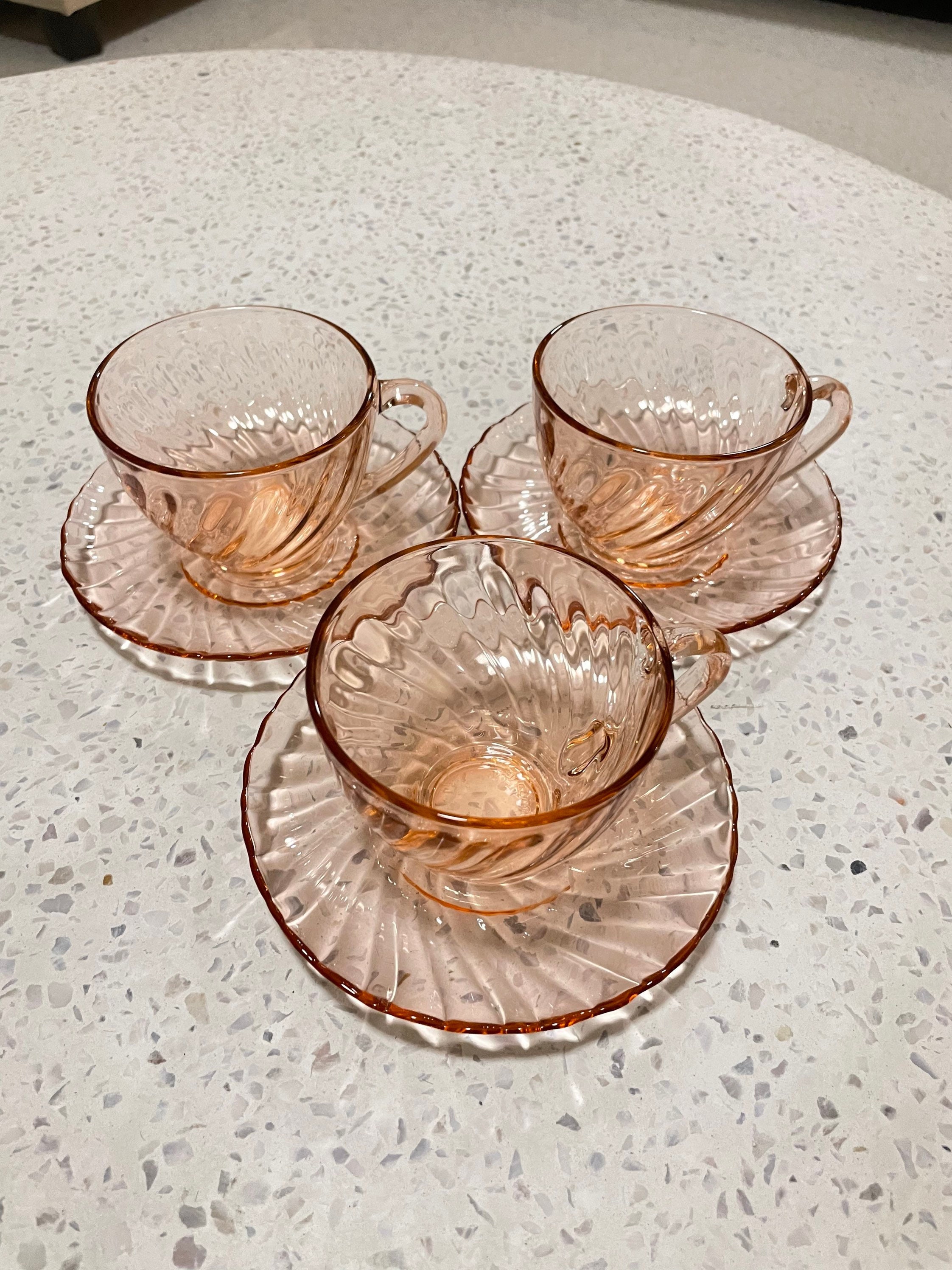 Vintage Pink Glass Tea Cups and Underplate Arcoroc France Rosaline ...