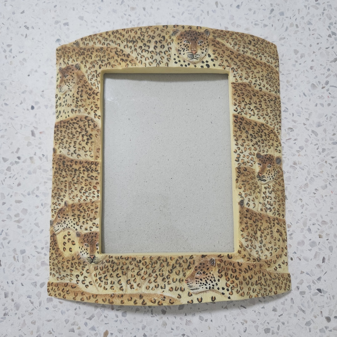 Vintage Leopard Picture Frame Freestanding Concave Wood Carved Leopard ...