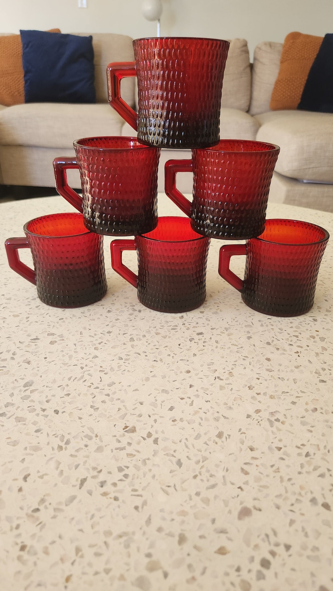 Mid-century Glass Mugs, Vintage Red Glass, Textured Red Glass Mugs With ...