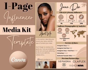 1 Page Influencer Canva Media Kit Template | Content Creator Media Kit ...