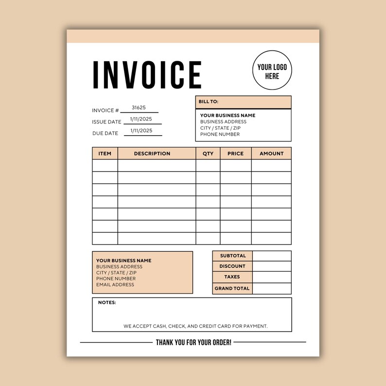 Editable Invoice Template for Small Business | Customizable Tan Canva ...