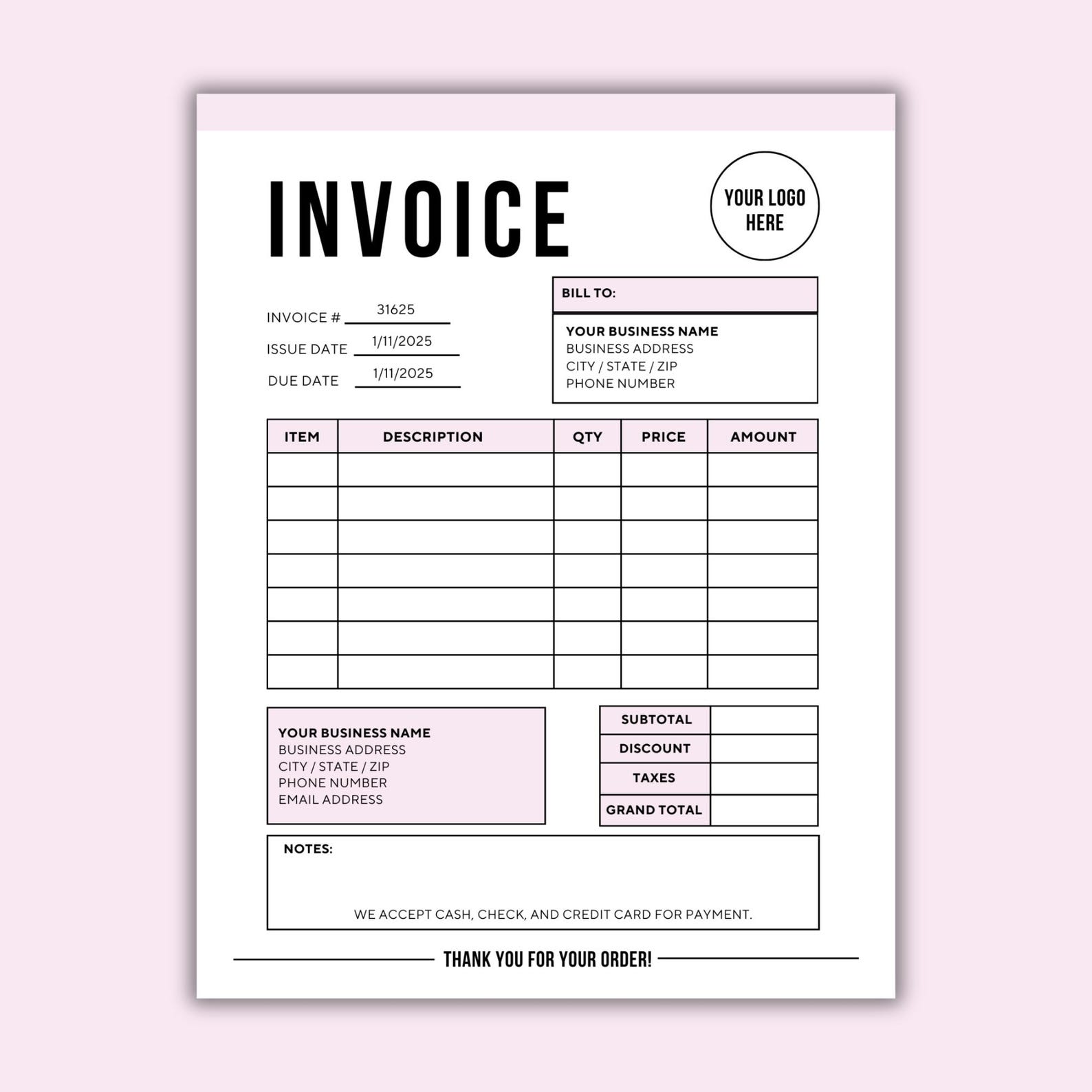 Pink Invoice Template: Customizable Canva Form (digital Download) - Etsy