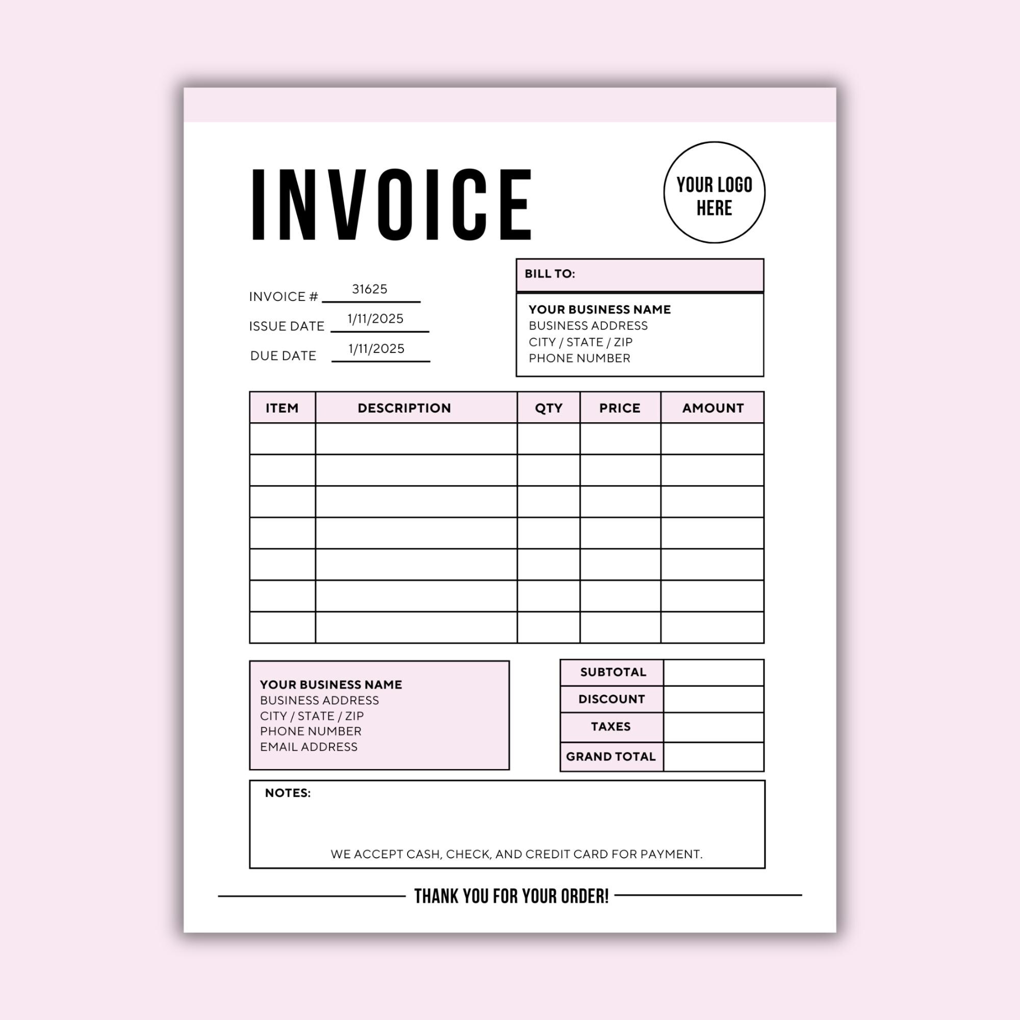Pink Invoice Template: Customizable Canva Form (digital Download) - Etsy