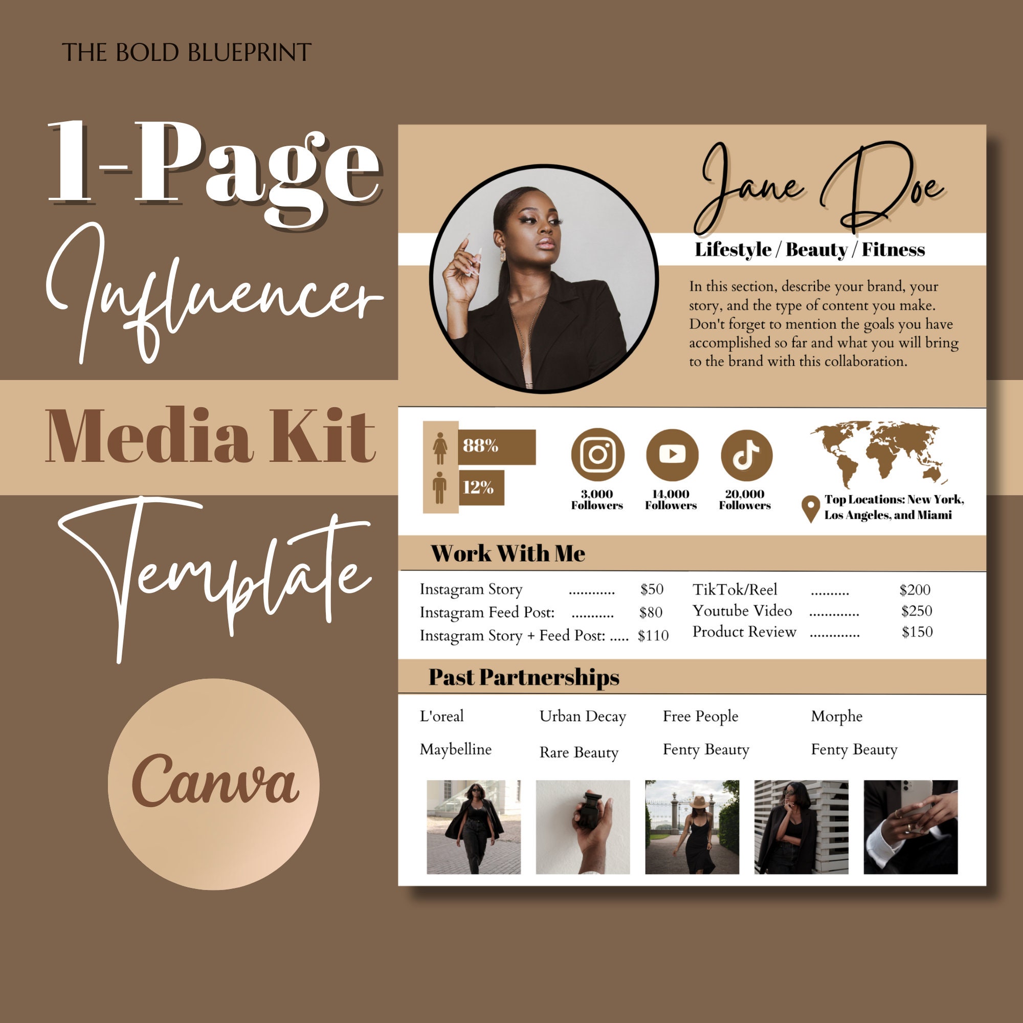 1 Page Influencer Canva Media Kit Template | Content Creator Media Kit ...