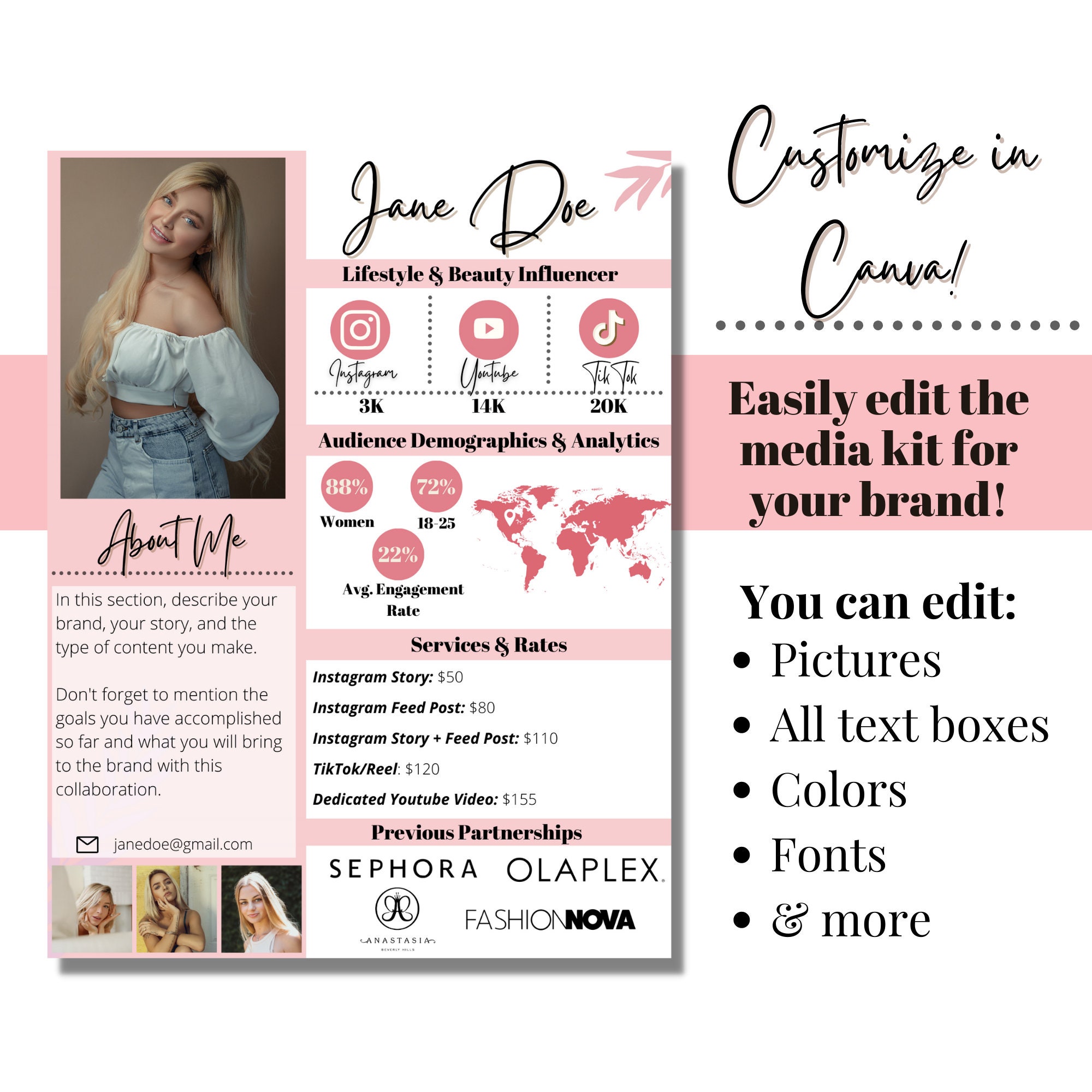 1 Page Influencer Canva Media Kit Template Content Creator Media Kit ...