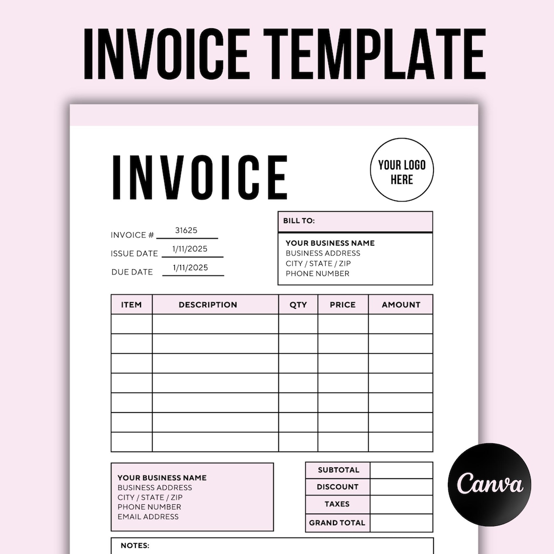 Pink Invoice Template: Customizable Canva Form (digital Download) - Etsy