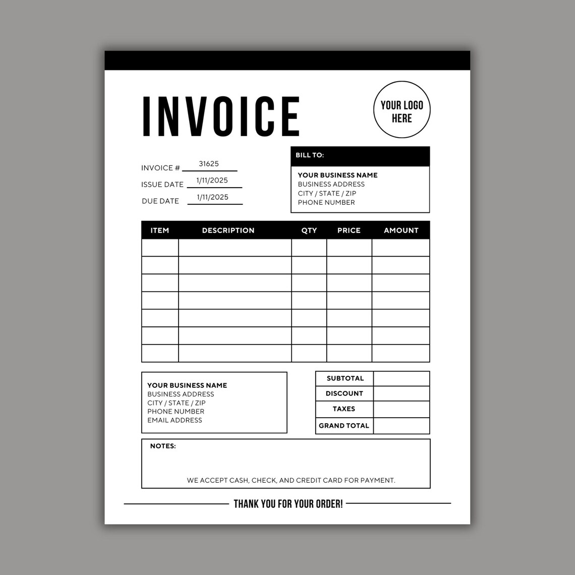 Editable Invoice Template: Black Minimalist Design (canva) - Etsy