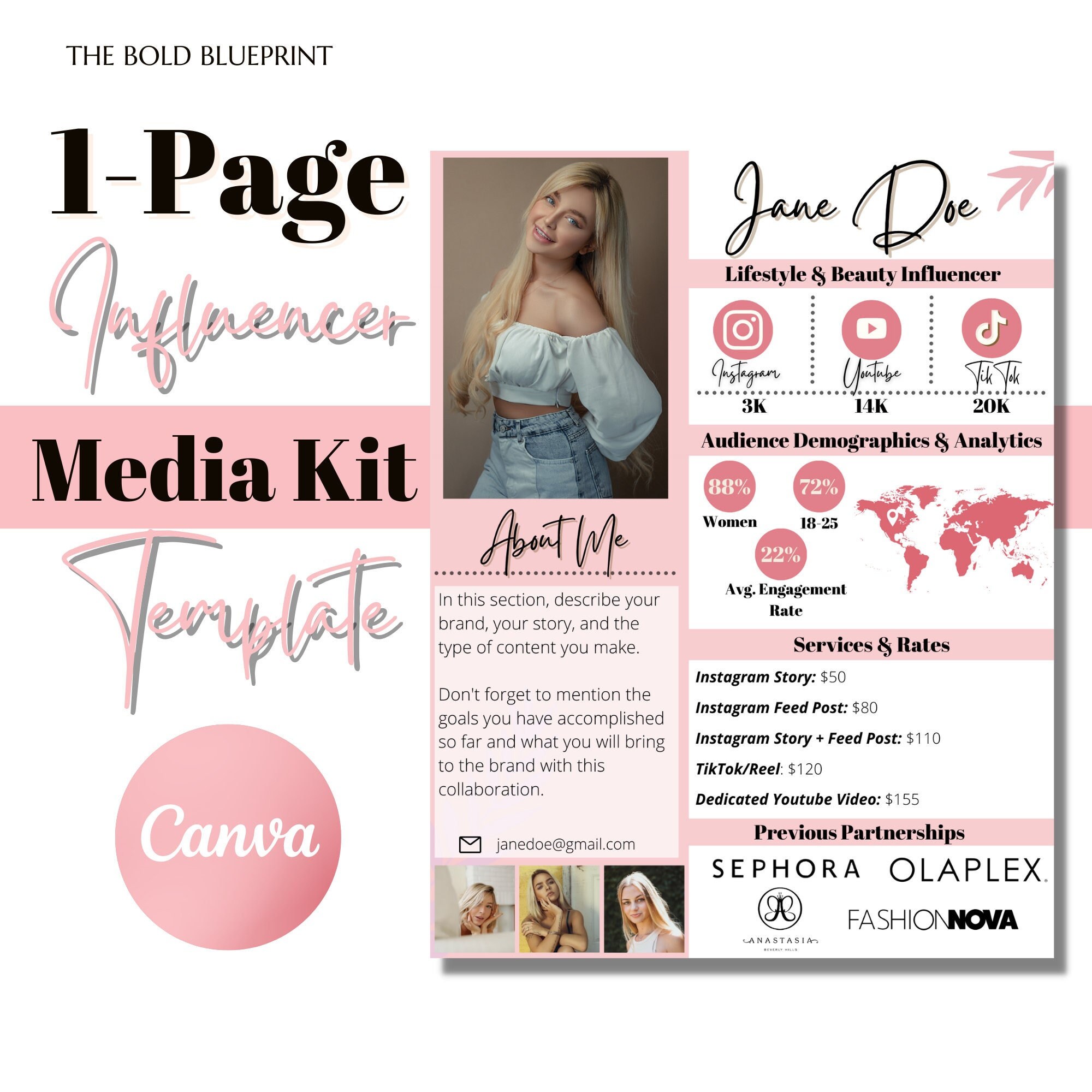 1 Page Influencer Canva Media Kit Template Content Creator Media Kit ...