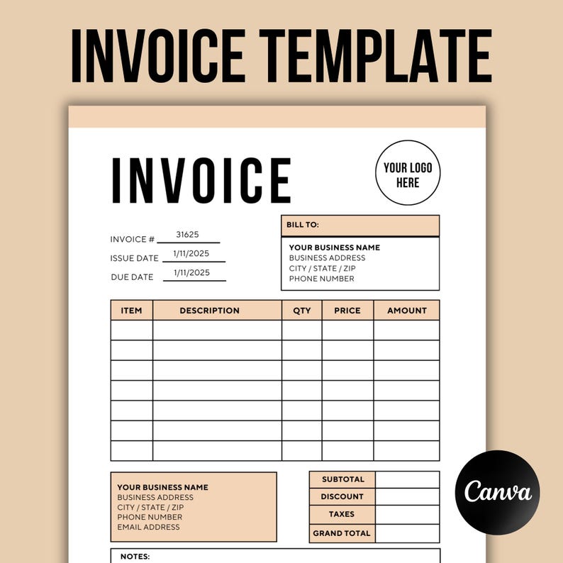 Editable Invoice Template for Small Business | Customizable Tan Canva ...