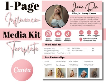 1 Page Influencer Canva Media Kit Template | Content Creator Media Kit ...