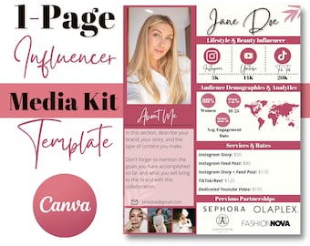 1 Page Influencer Canva Media Kit Template Content Creator Media Kit ...