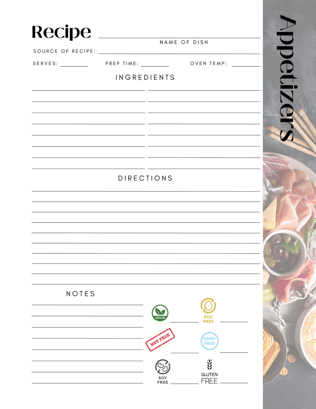 Appetizer Recipe Page Template | Blank Recipe Pages | Recipe Planner ...