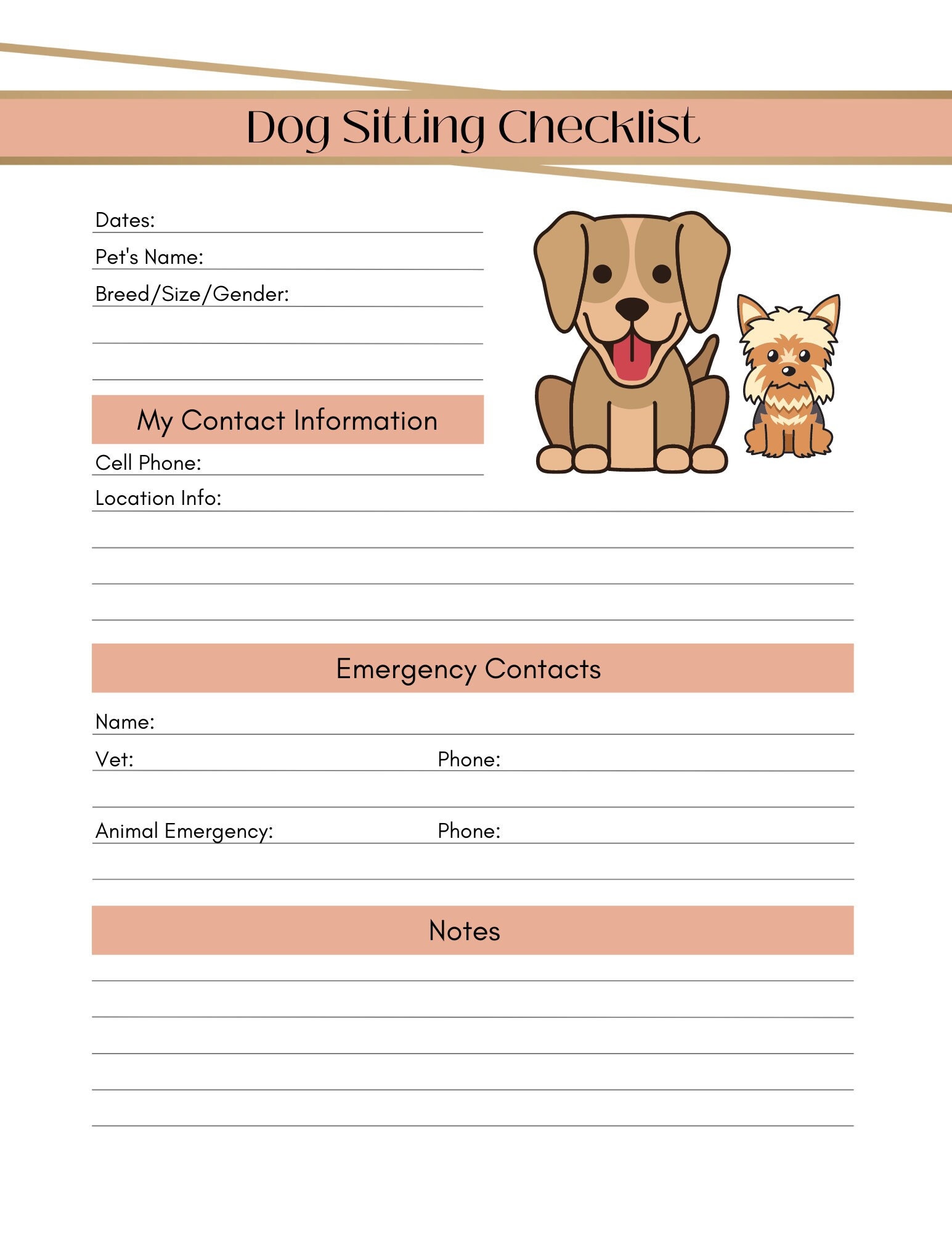 Dog Sitting Notes Printable PDF | Dog Owner Template | Digital Download ...
