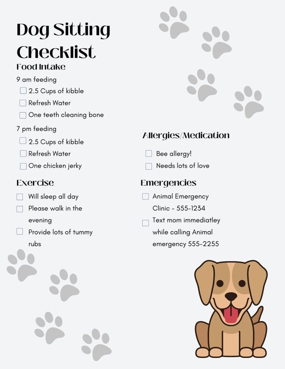 Dog Sitting Notes Printable PDF Dog Owner Template Digital | Etsy