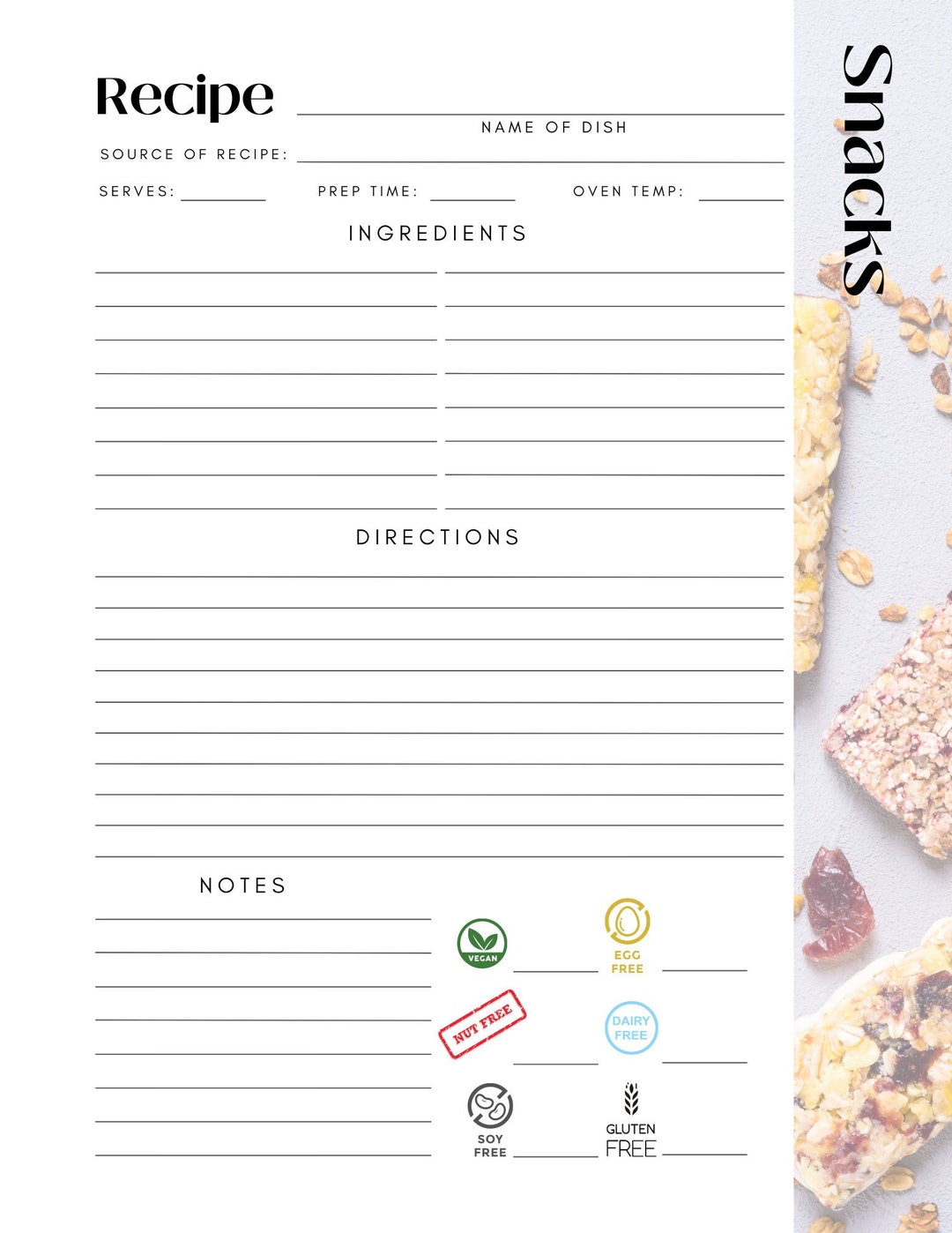 Snacks Recipe Page Template | Blank Recipe Pages | Recipe Planner Pages ...