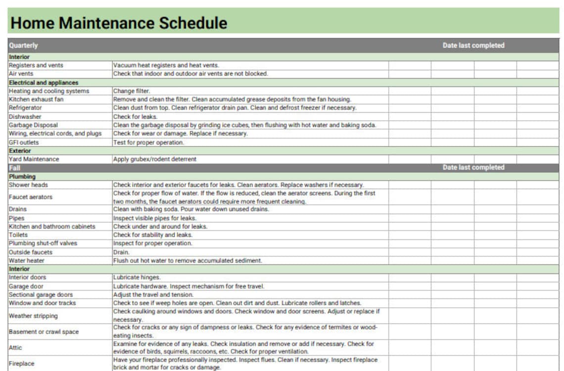 Home Maintenance Checklist | Printable & Editable Excel File | Instant ...