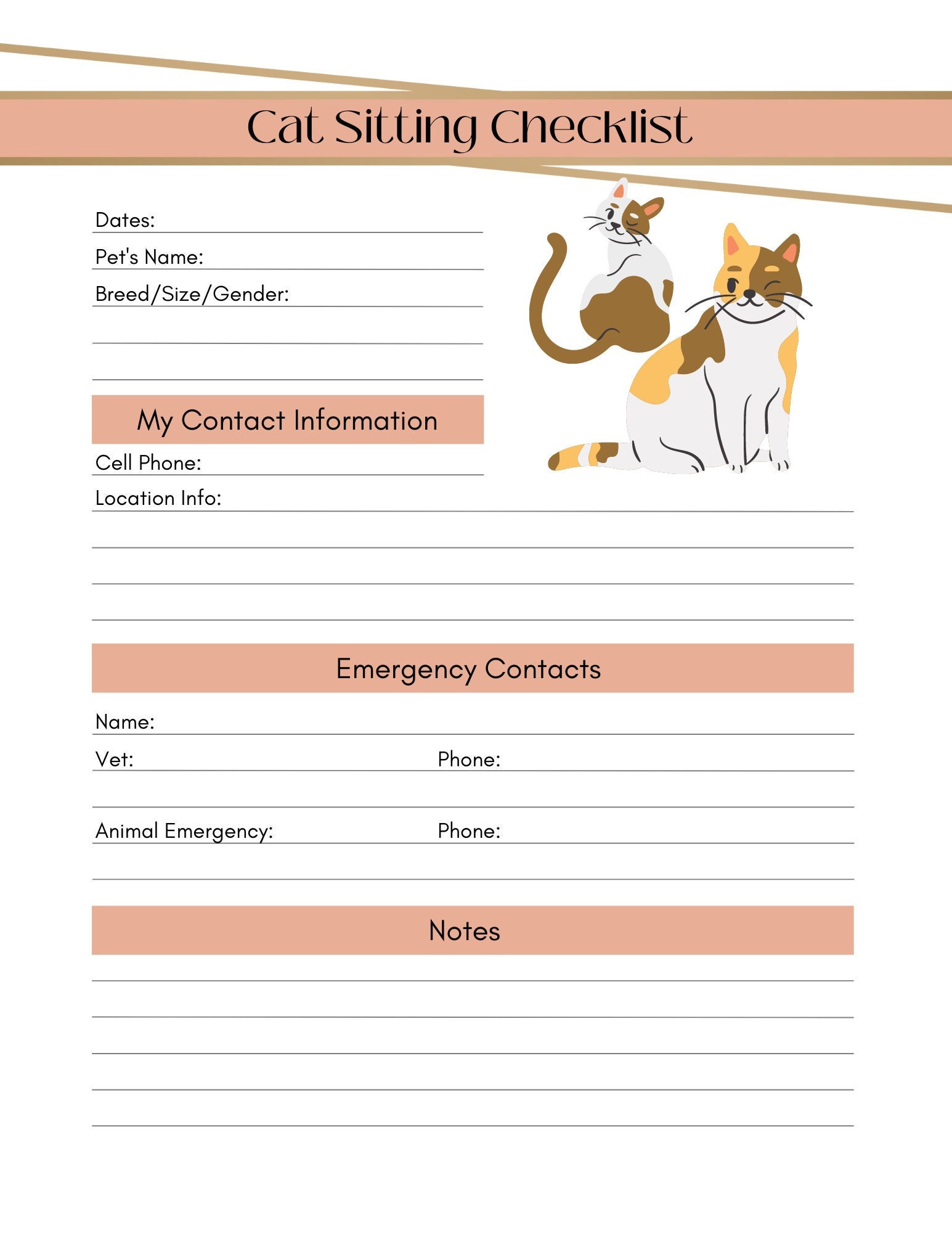 Cat Sitting Notes Printable PDF Cat Owner Template Digital Download US ...